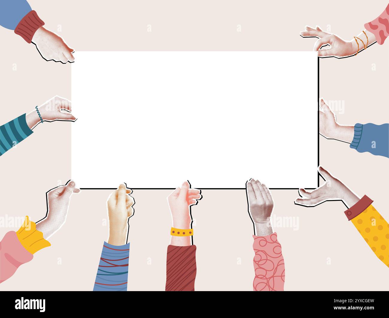 Hands holding blank poster. Mixed media collage with halftone hands and ...