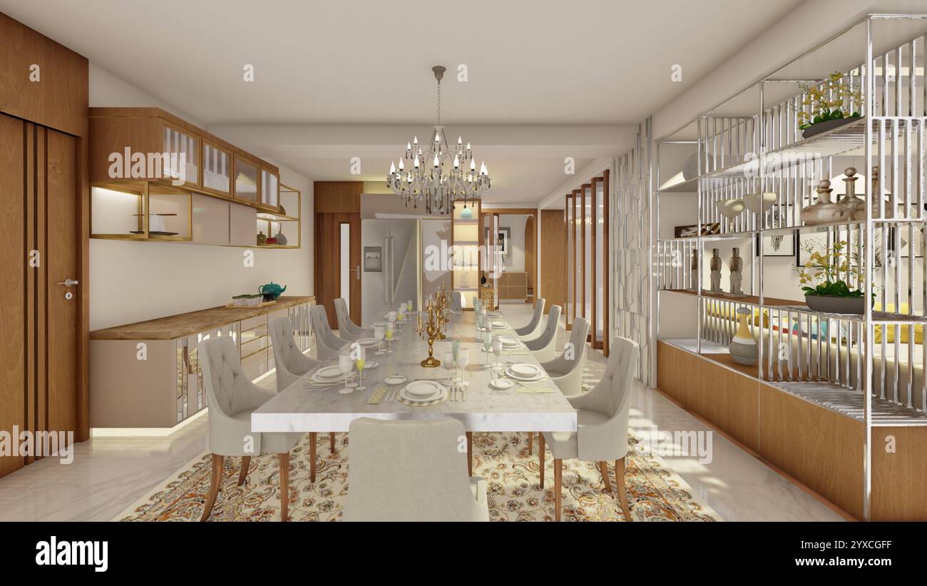 Luxurious Dining Room Design with Marble Dining Table, Modern Chandelier and Elegant 3D ...