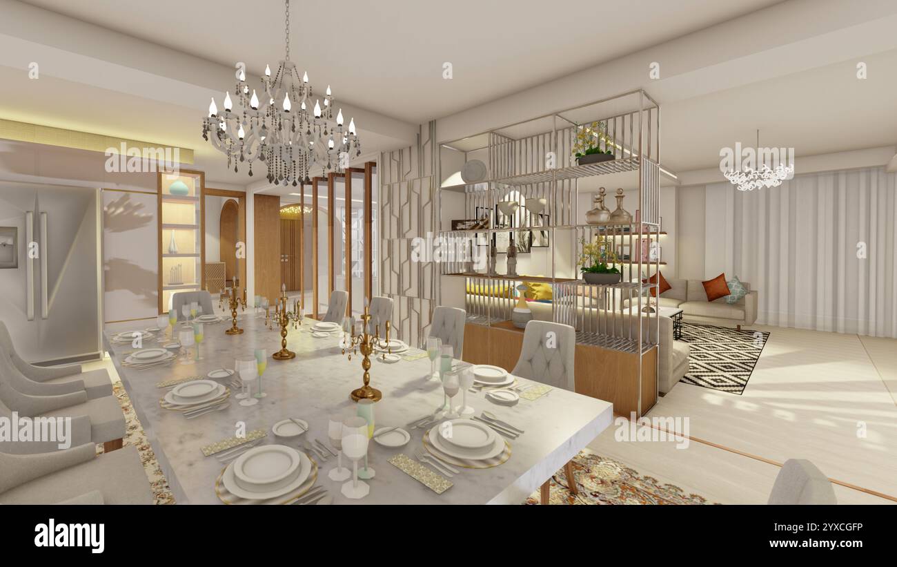 Modern Dining Room Perspective Featuring Custom Artistic Wall Decor 3D ...