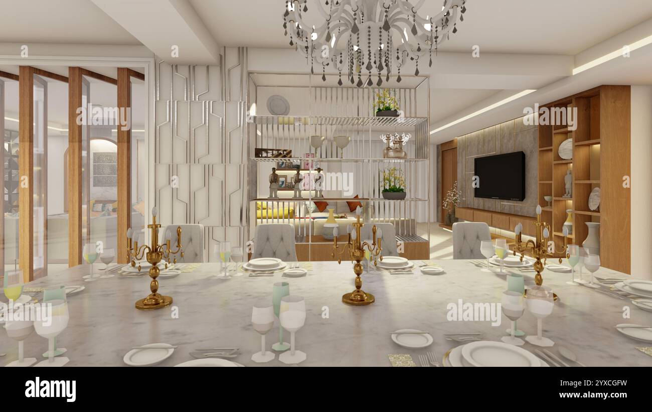 Spacious Dining Room with Chandelier and Marble Dining Table 3D Render ...