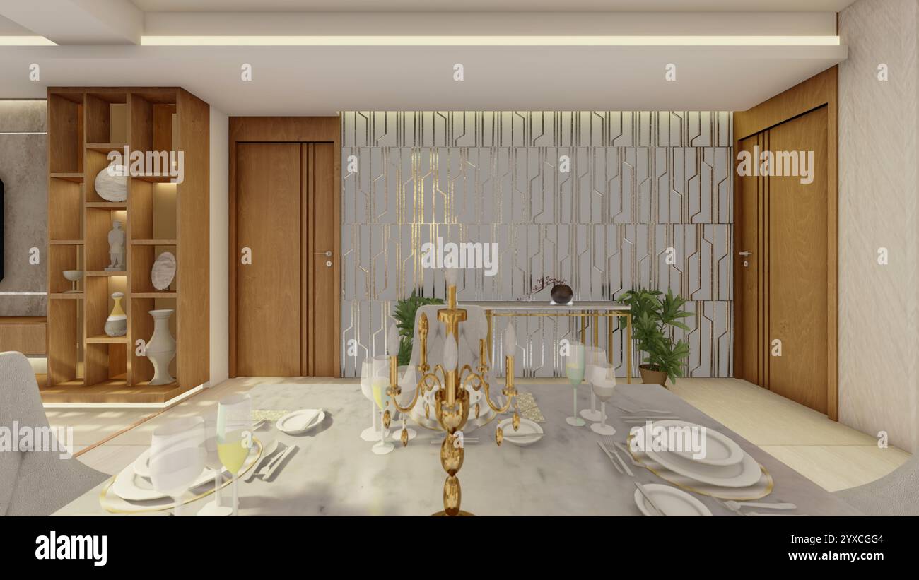 Dining Interior Design featuring Bespoke Wooden Furniture and Artistic Wall 3D Rendering Stock ...