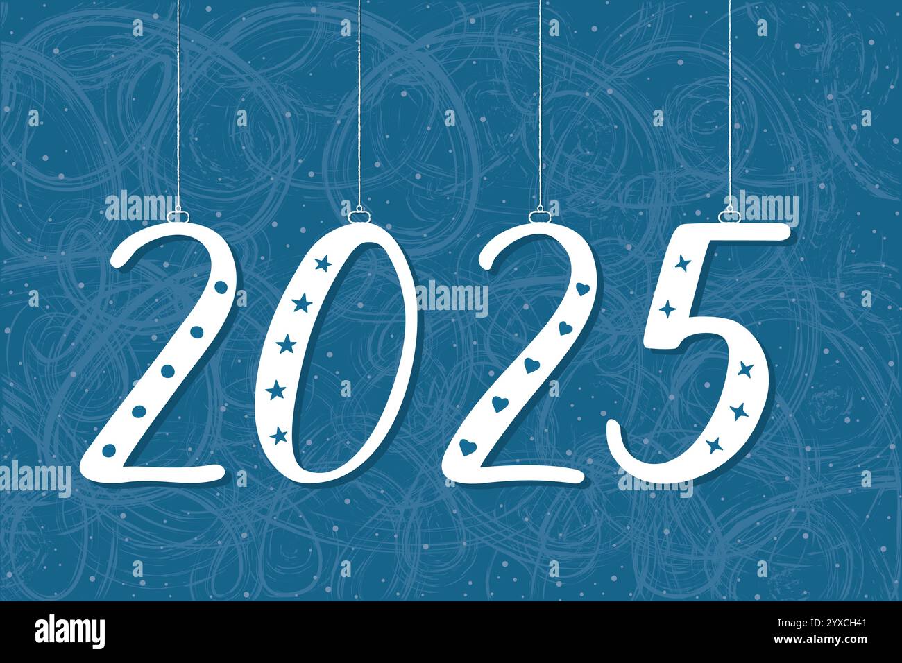 Handwritten numbers 2025 hanging as Christmas ornaments on a frosty ...