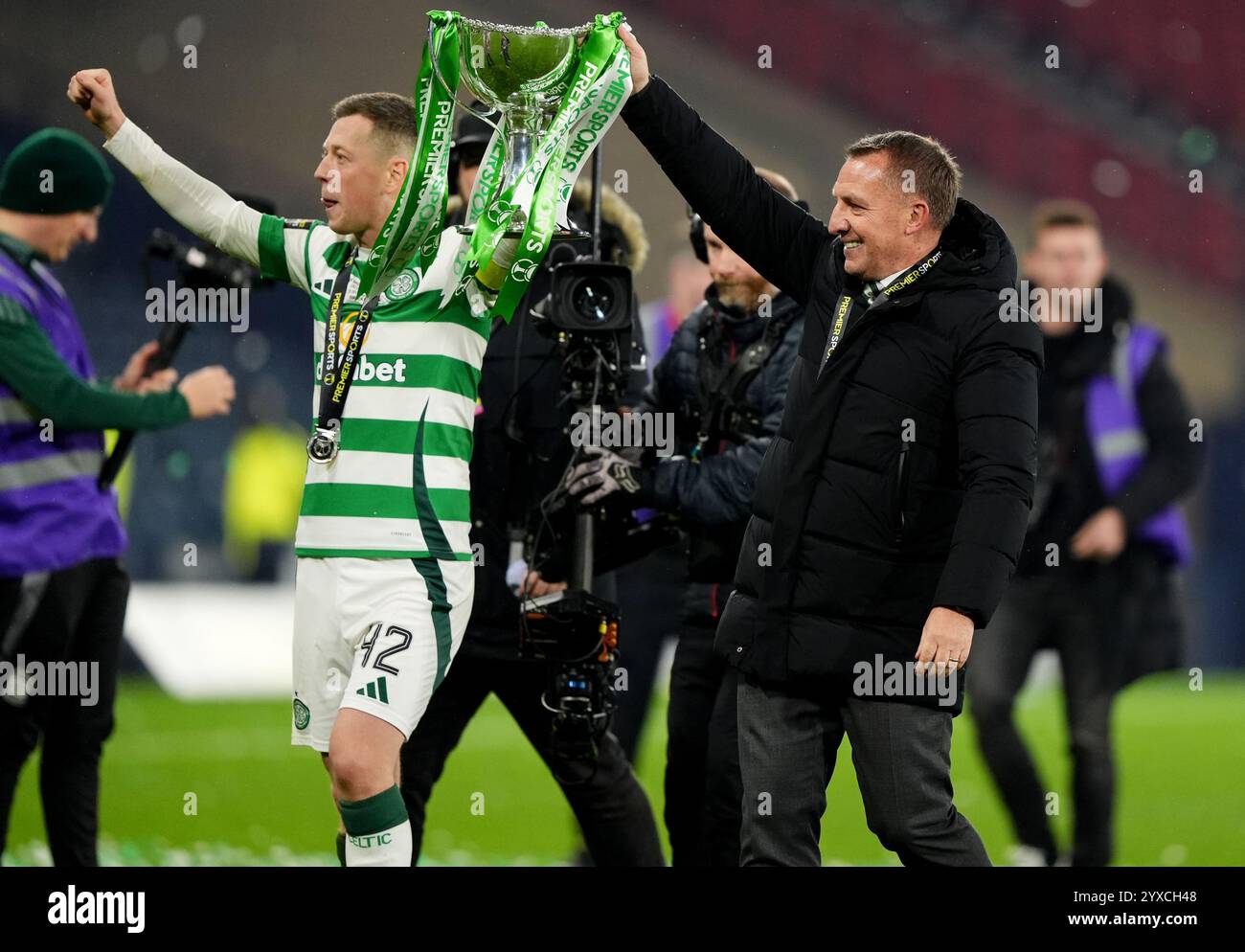 Celtic's Callum McGregor (left) and manager Brendan Rodgers with the ...