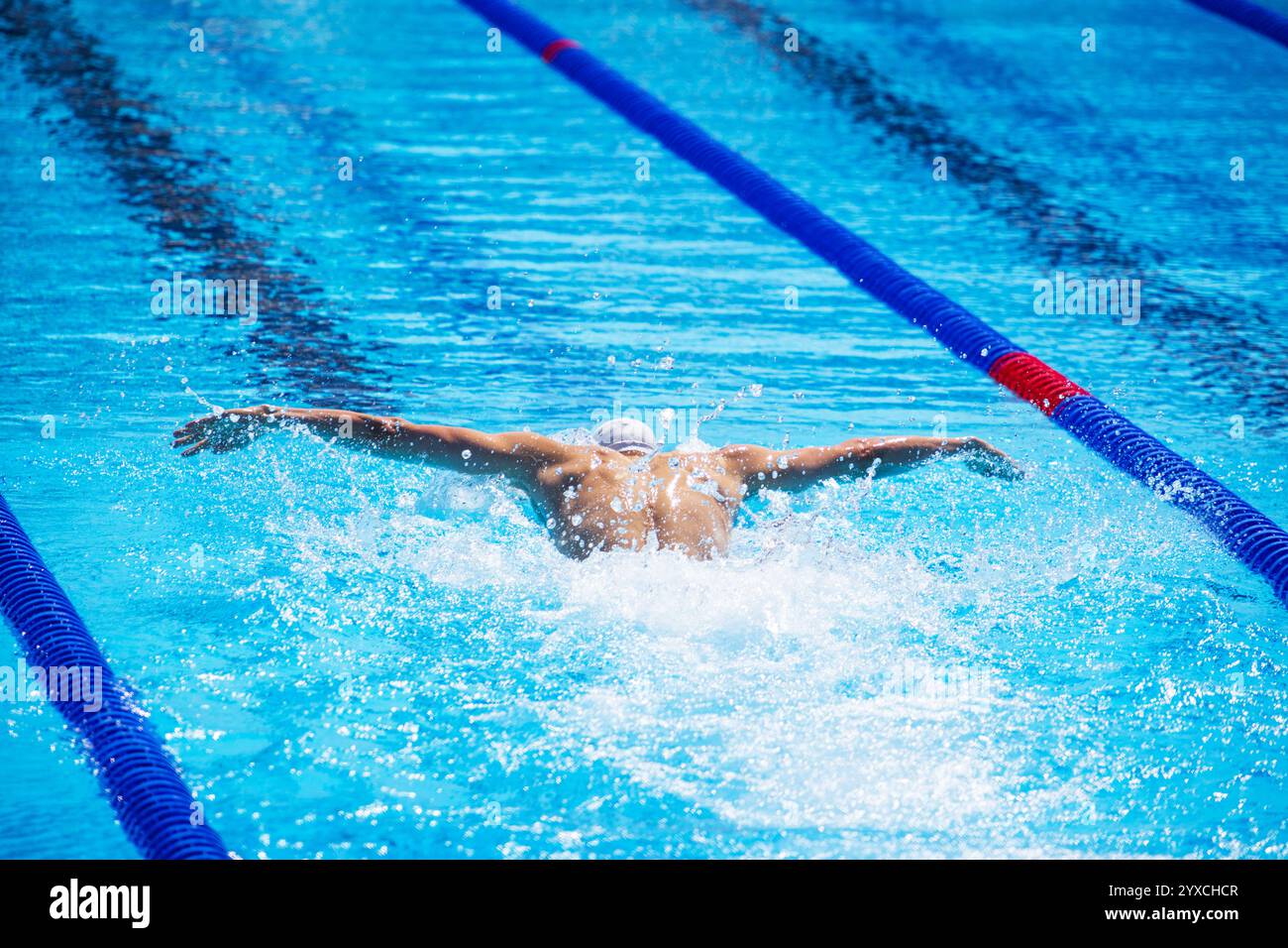 Swimmer swimming butterfly stroke during swimming competition in an ...