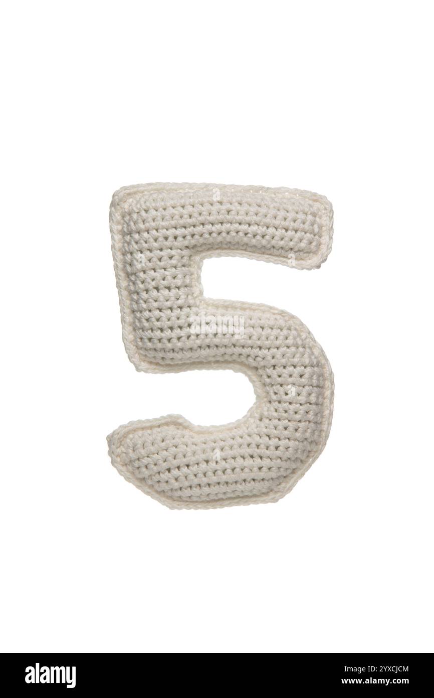 A crocheted number 5, white, isolated on a white background, soft ...