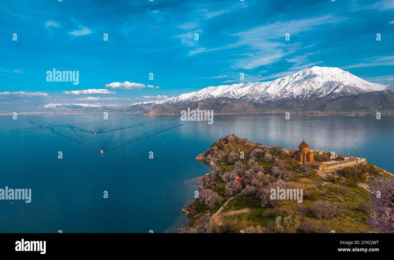Akdamar Island in Van Lake. The Armenian Cathedral Church of the Holy ...