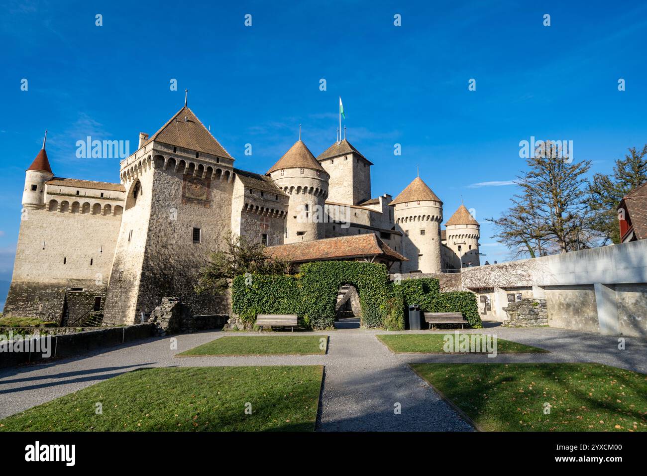 Chillon Castle or Chateau de Chillon is a famous castle located on Lake ...
