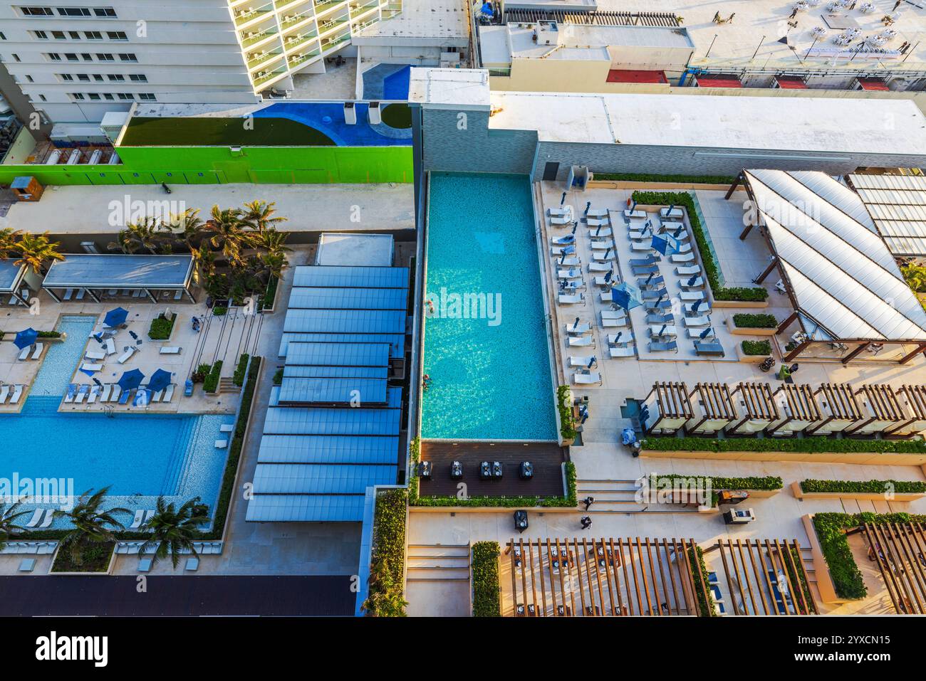 Aerial view of modern resort pool area with lounge chairs, palm trees ...