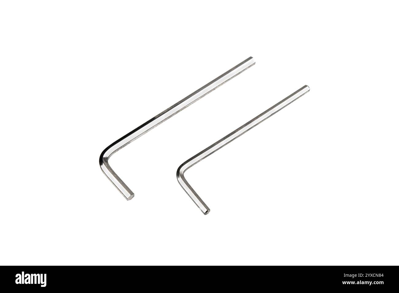 Two metal hex keys, also known as Allen wrenches, on a white background ...