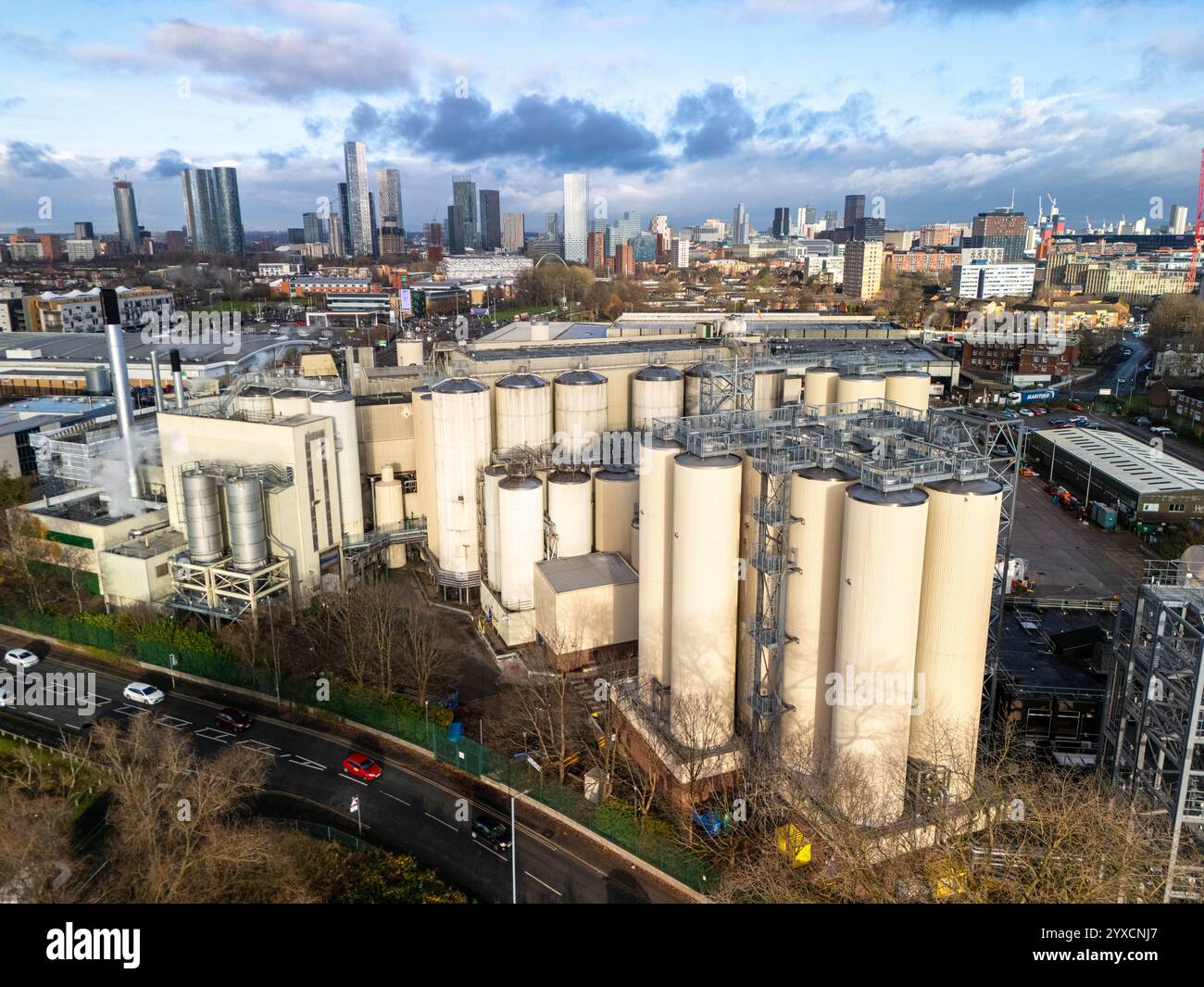 Aerial image of Heineken brewery factory showing large cylindrical ...