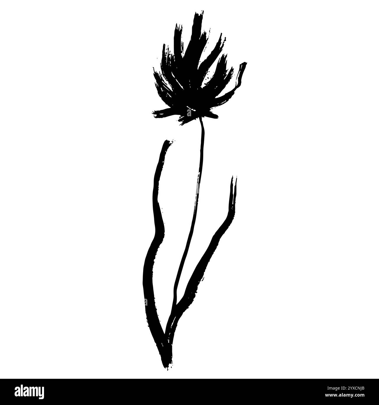 Hand Drawn Brush Flower and Leaves Silhouette. Vector Illustration ...