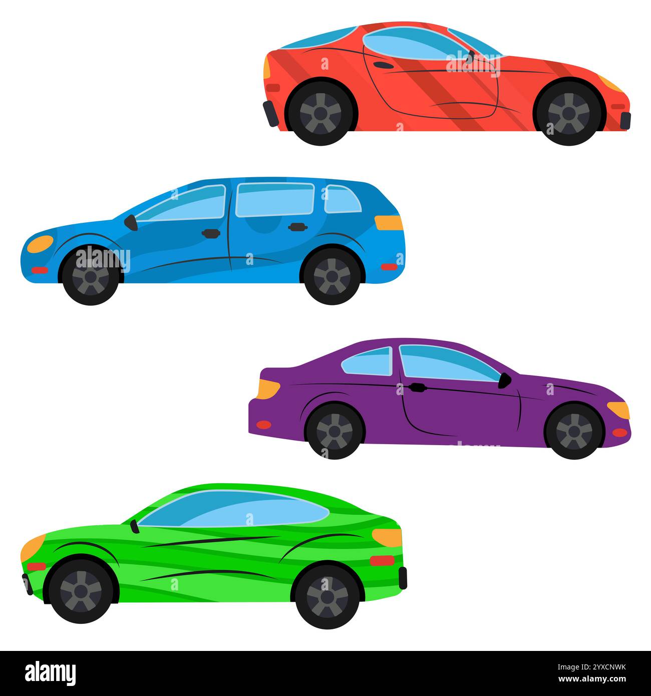 A set of four cars painted in different colors. Vector illustration ...