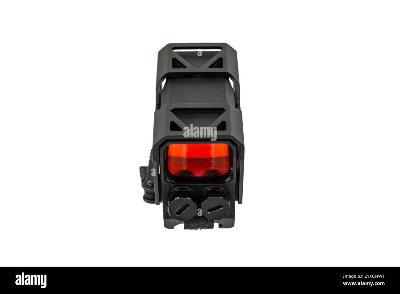A tactical holographic sight with a rugged, black metal frame, featuring adjustment knobs and ...