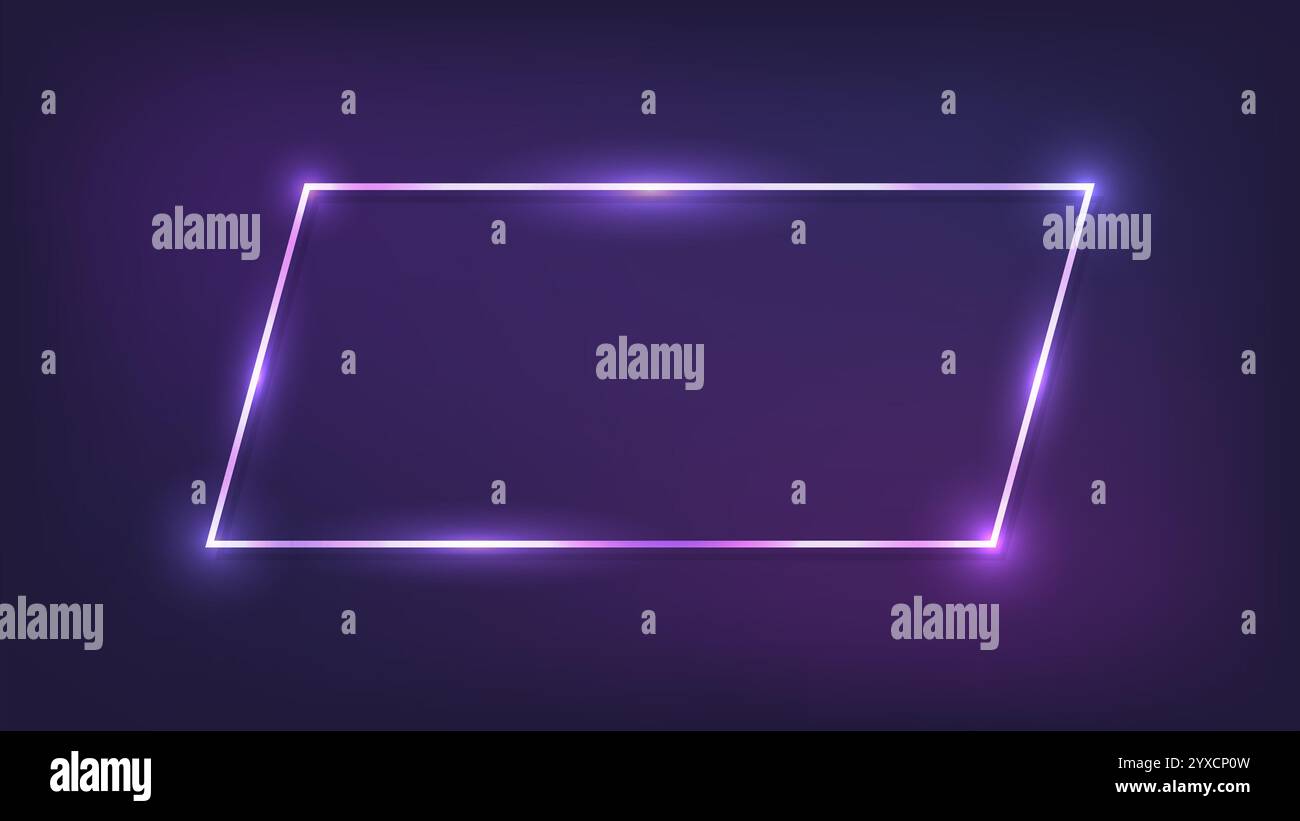 Neon rectangular frame with shining effects on dark background. Empty ...