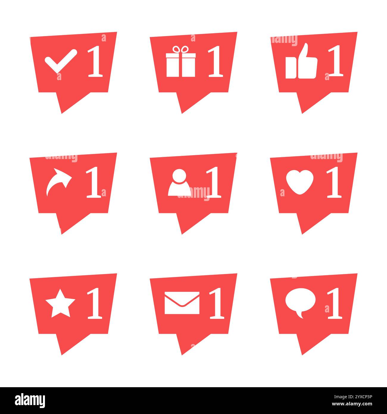 Set of nine notifications in social media. Heart, star, follower ...