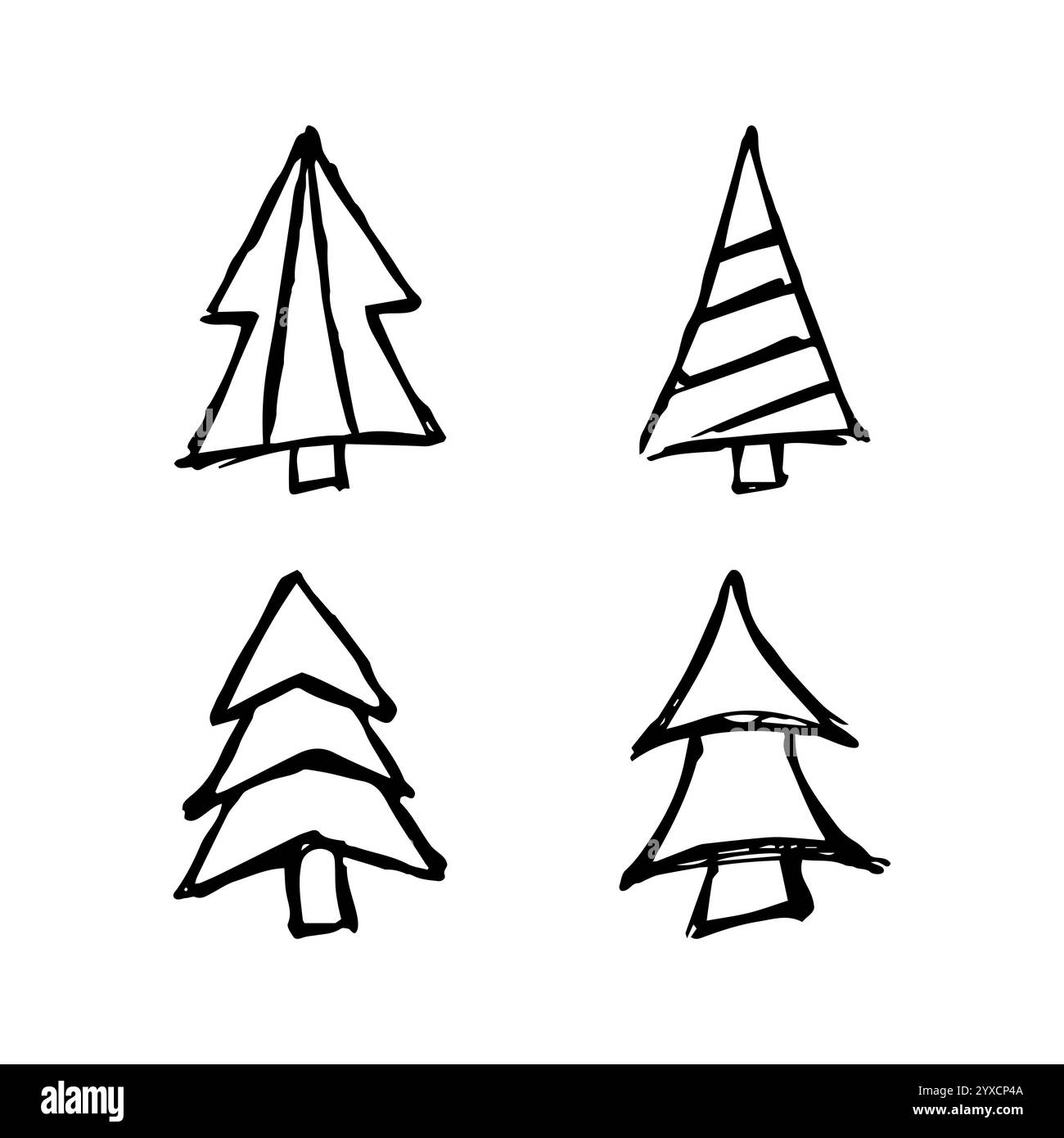 Hand drawn Christmas trees. Set of four monochrome sketched ...