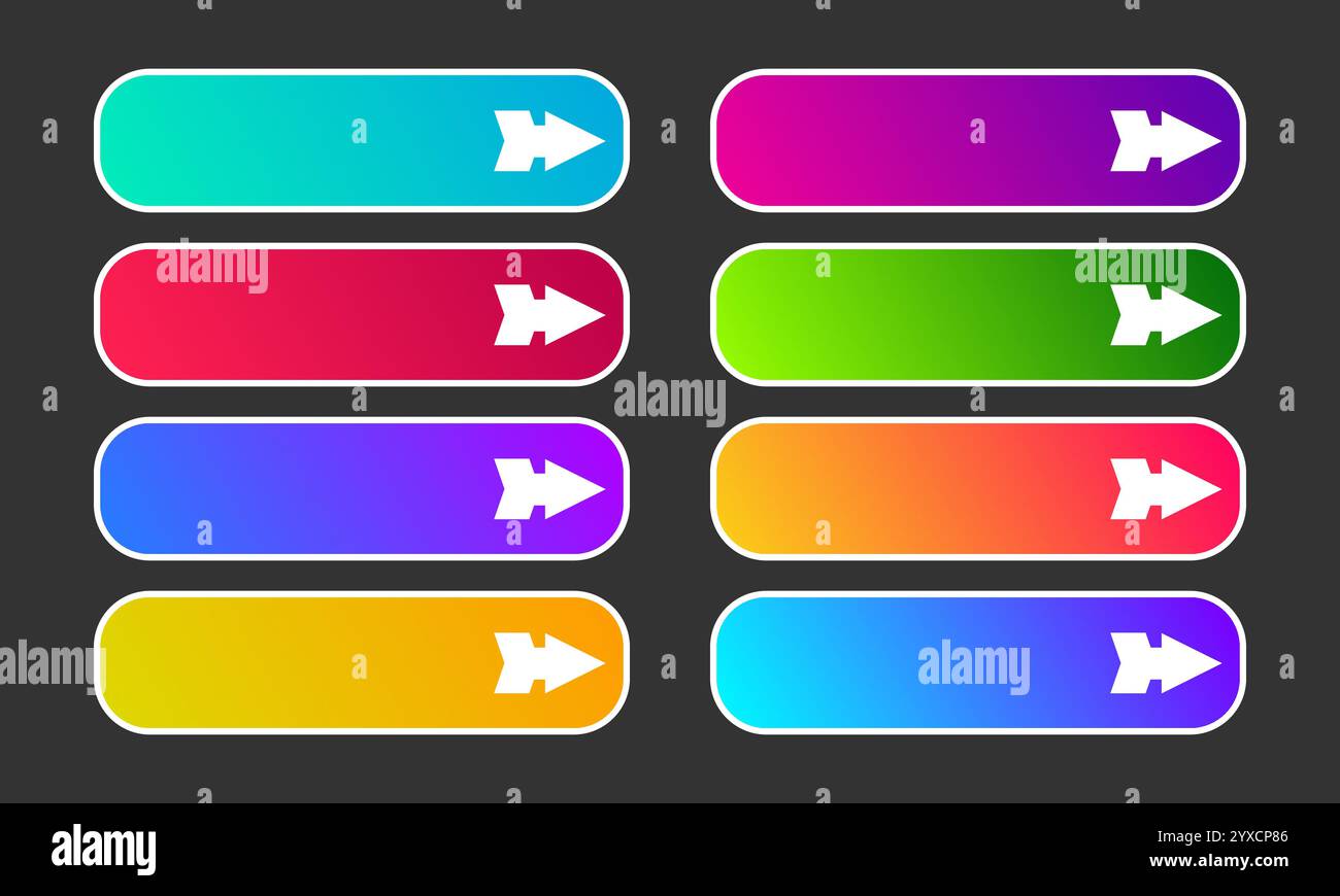 Colorful gradient buttons with arrows. Set of eight modern abstract web buttons. Vector ...