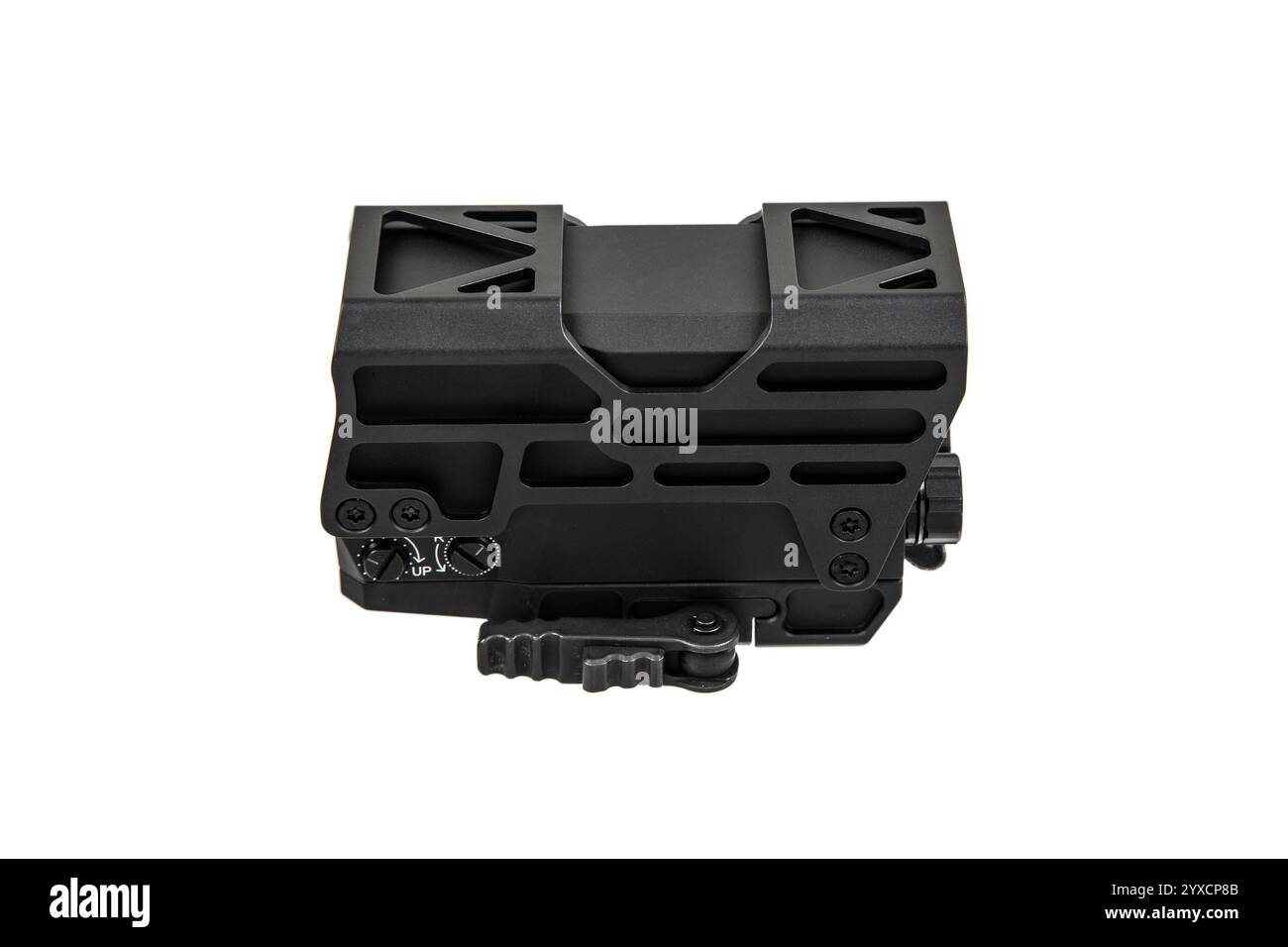A tactical holographic sight with a rugged, black metal frame, featuring adjustment knobs and ...
