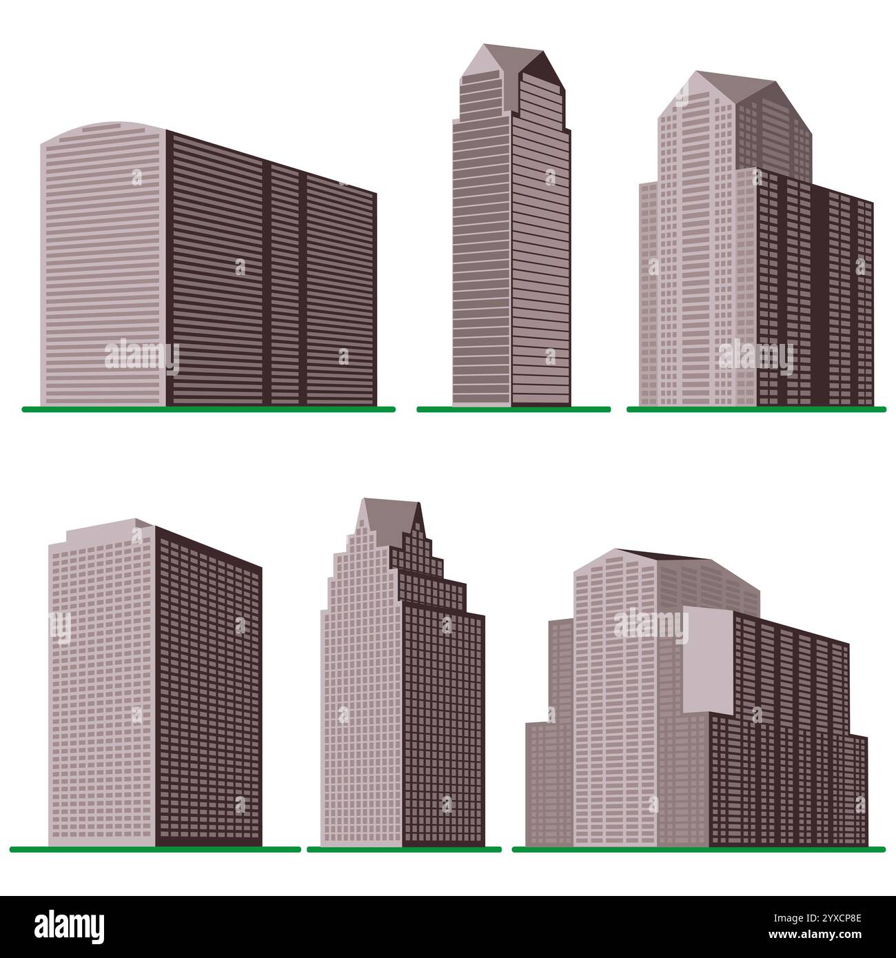 Set of six modern high-rise building on a white background. View of the ...
