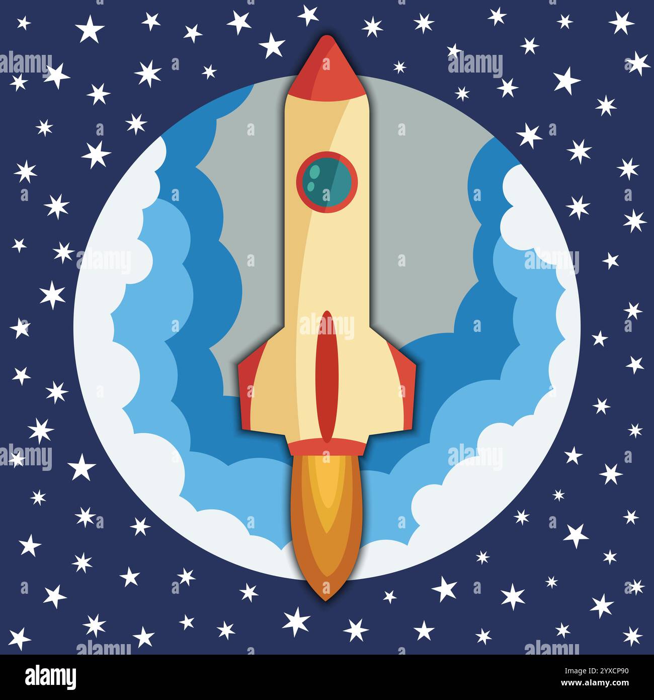 Space rocket ship in round piece. Space rocket launch. Project startup ...