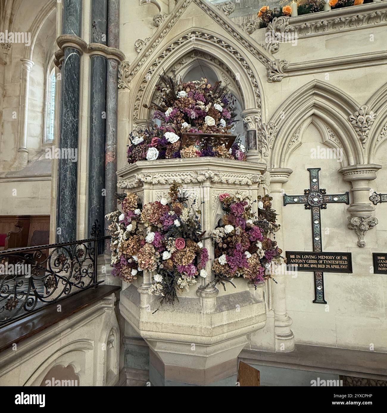 Floral display on the pulpit in the chapel at Tyntesfield National ...