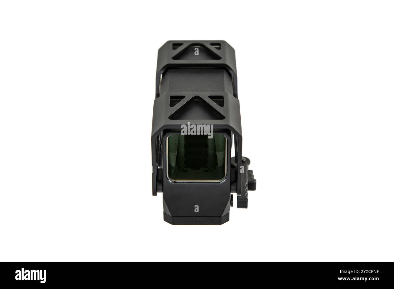 A tactical holographic sight with a rugged, black metal frame, featuring adjustment knobs and ...
