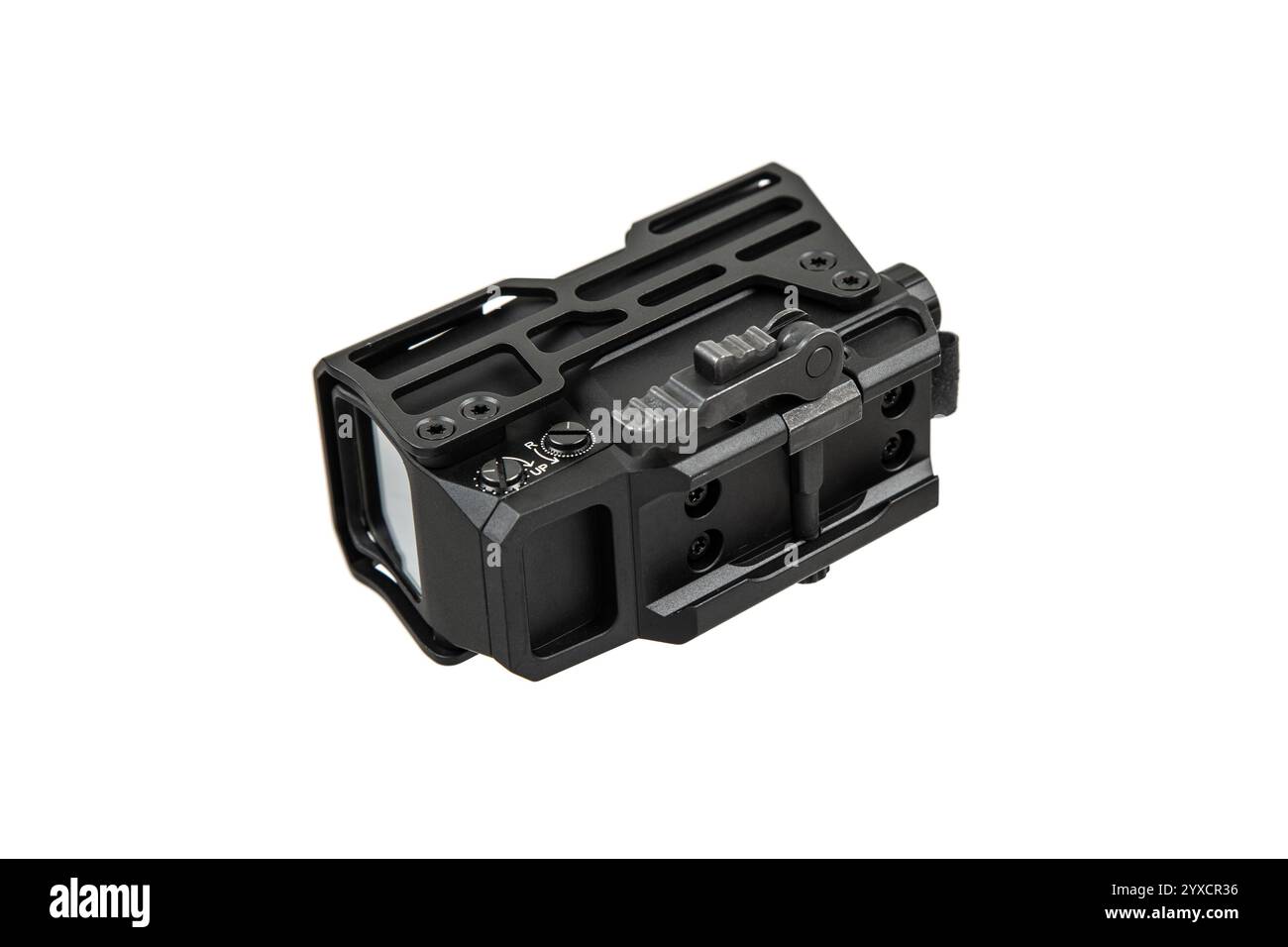 A tactical holographic sight with a rugged, black metal frame, featuring adjustment knobs and ...