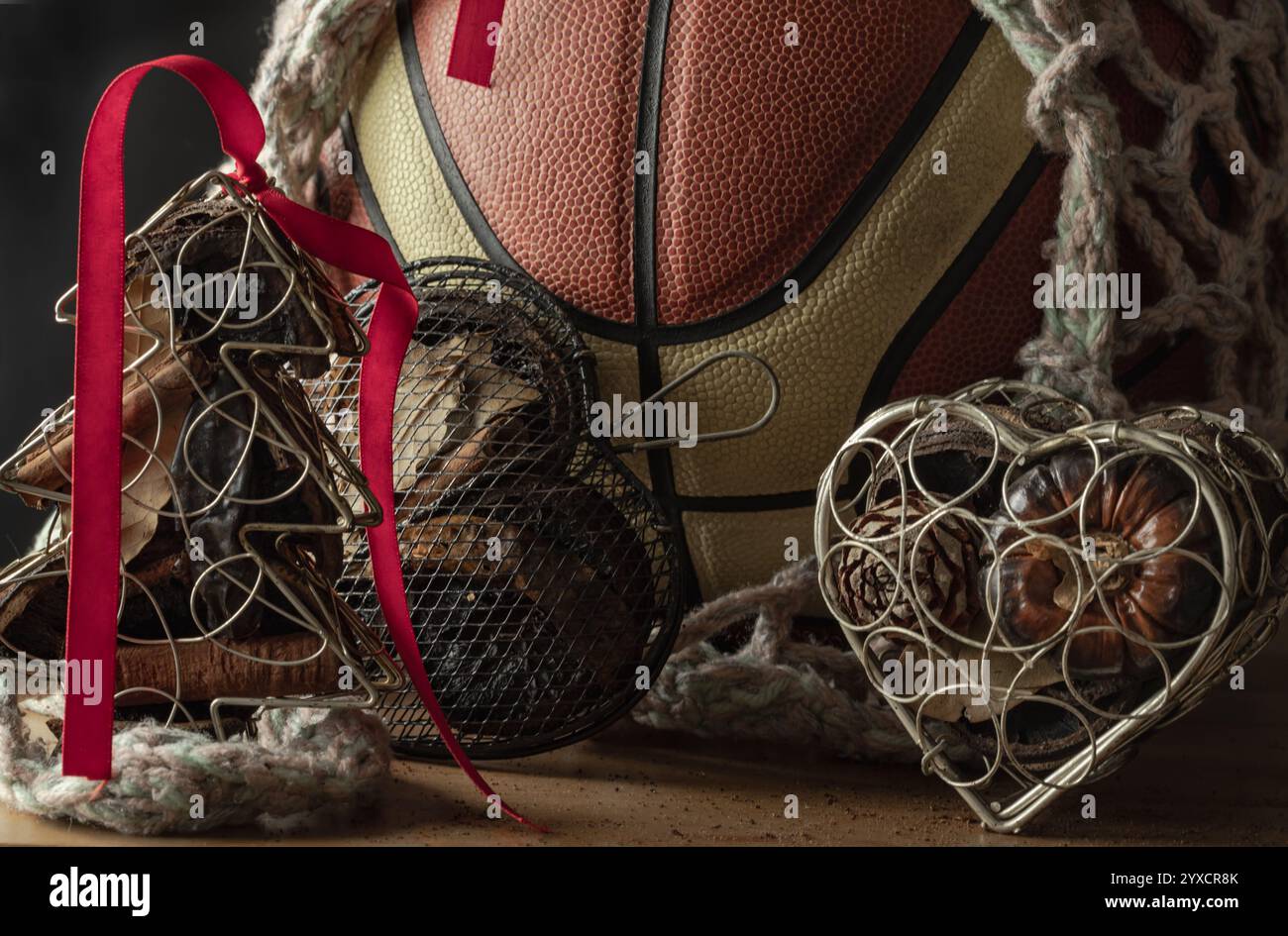 Basketball ball inside of mesh net string decoration with Christmas ...