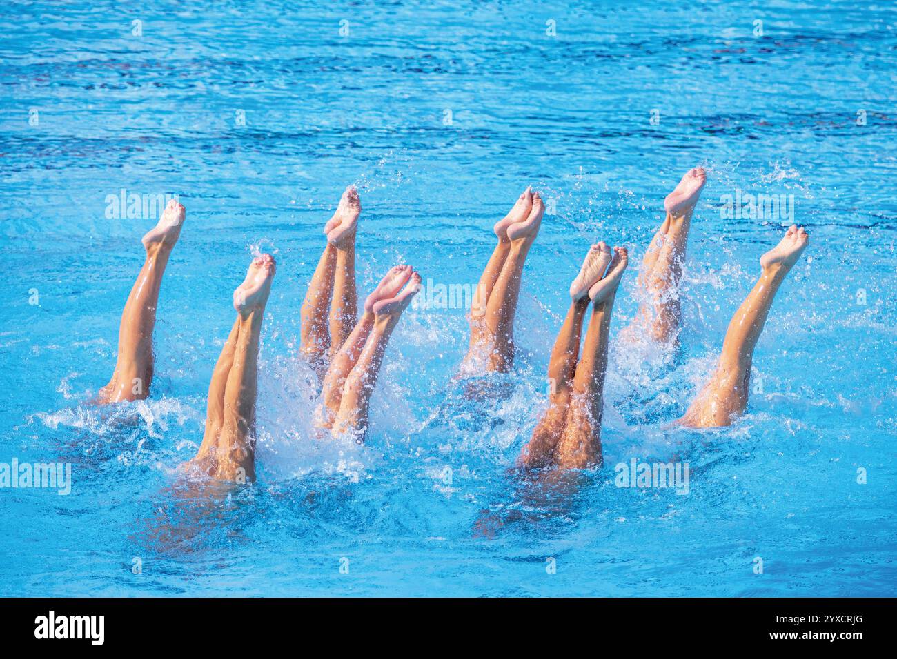 Artistic swimming team performing synchronized legs movement in ...