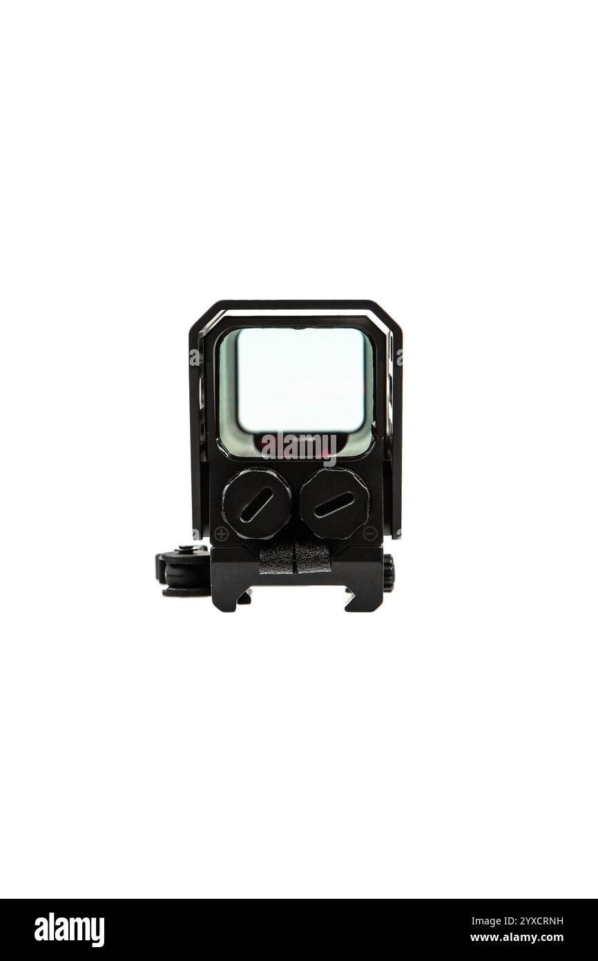 A tactical holographic sight with a rugged, black metal frame, featuring adjustment knobs and ...