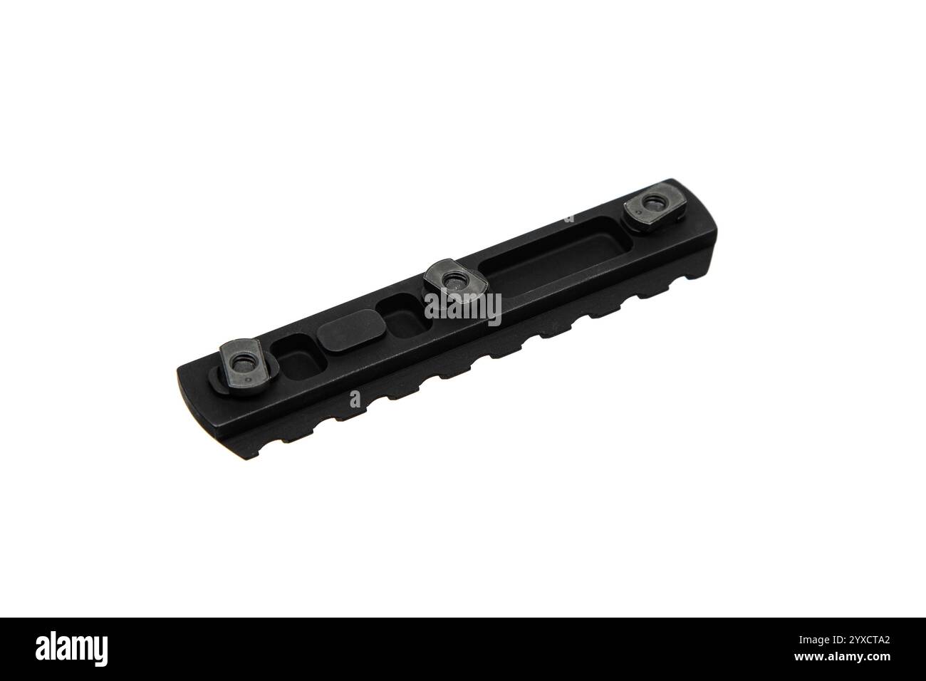 A black Picatinny rail section with multiple slots and mounting holes ...
