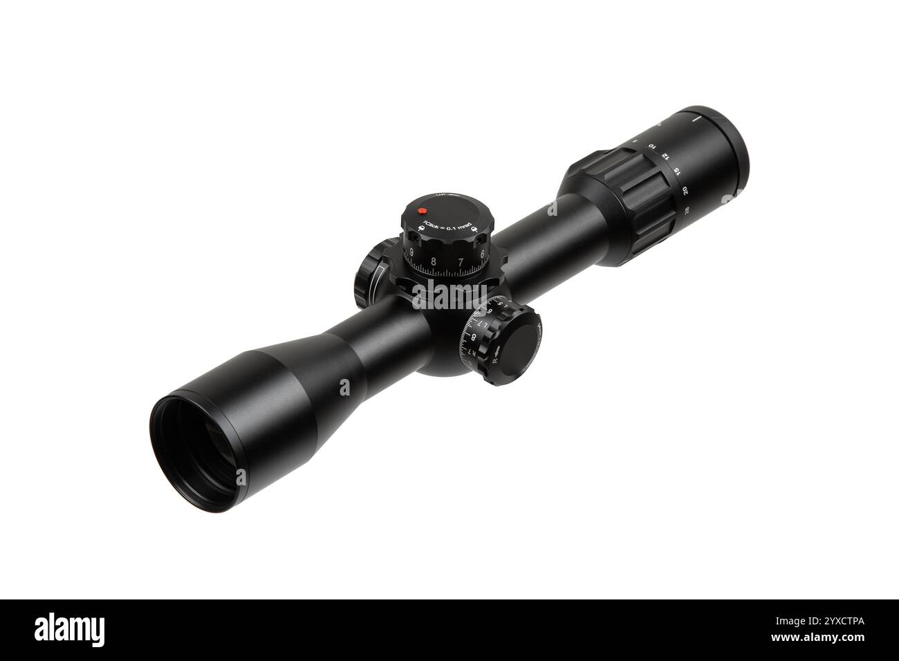A black rifle scope with adjustment knobs, a sleek design, and clear ...