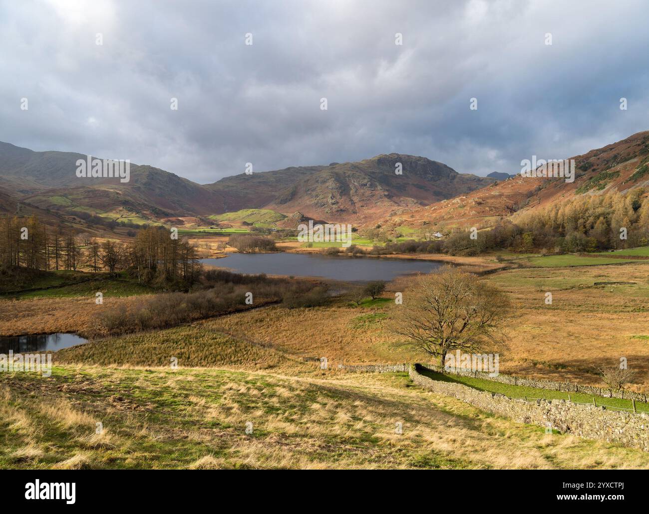Cloudy skies over Little Langdale Tarn with Lake District Fells beyond ...