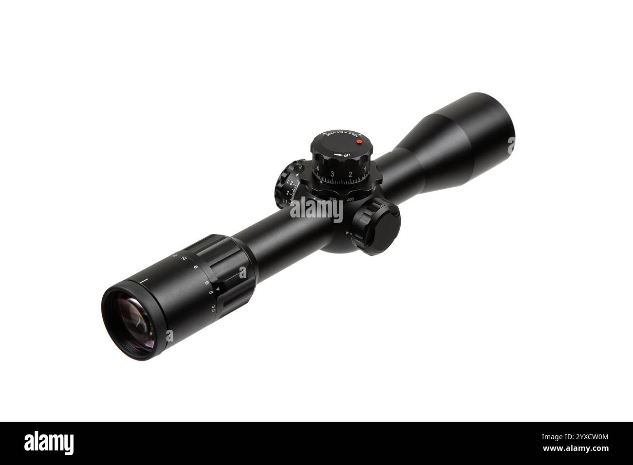 A black rifle scope with adjustment knobs, a sleek design, and clear ...
