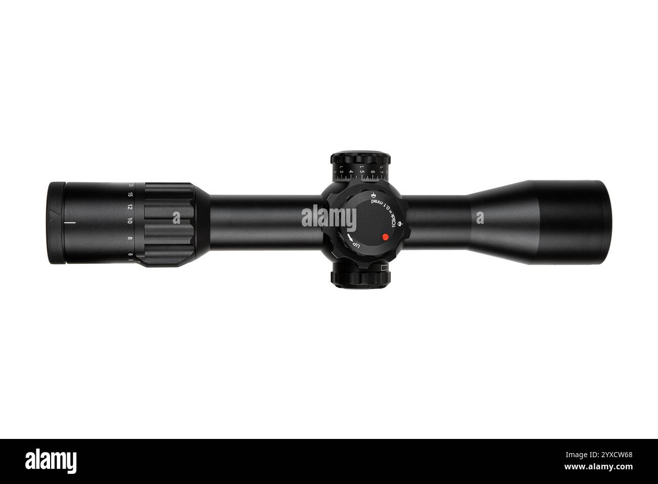 A black rifle scope with adjustment knobs, a sleek design, and clear ...
