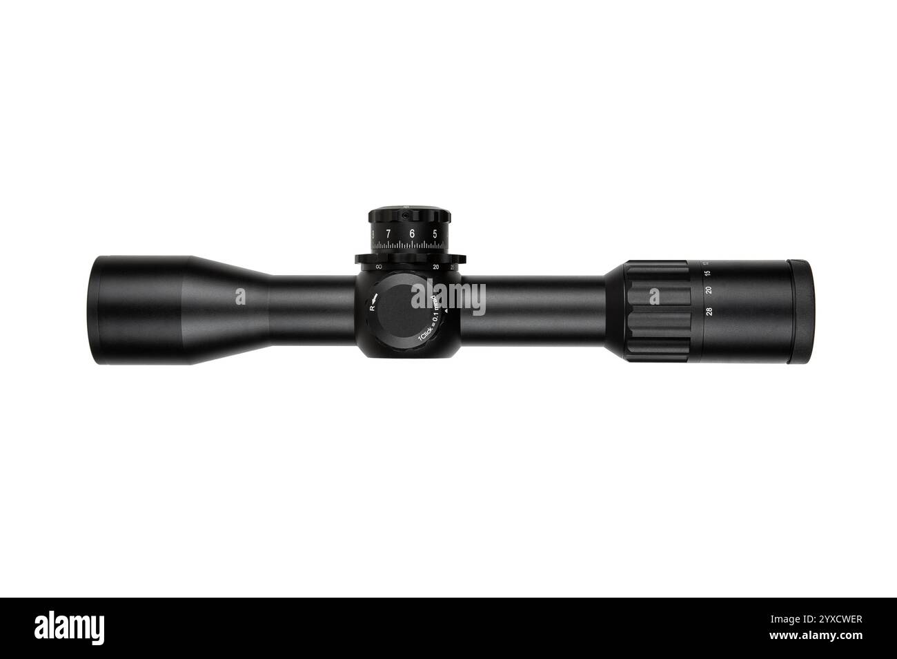 A black rifle scope with adjustment knobs, a sleek design, and clear ...