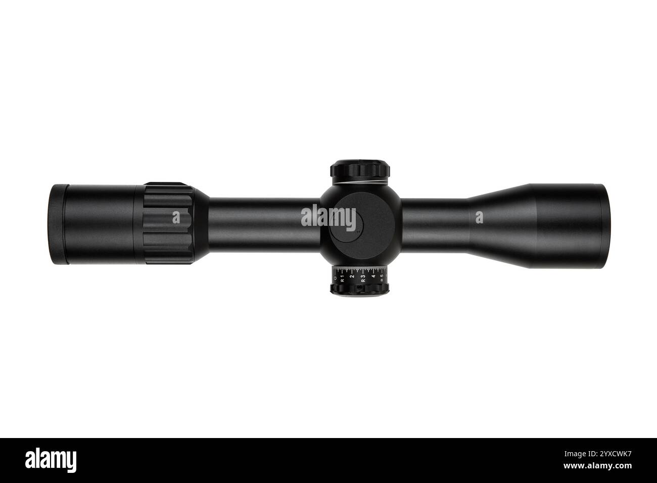 A black rifle scope with adjustment knobs, a sleek design, and clear ...