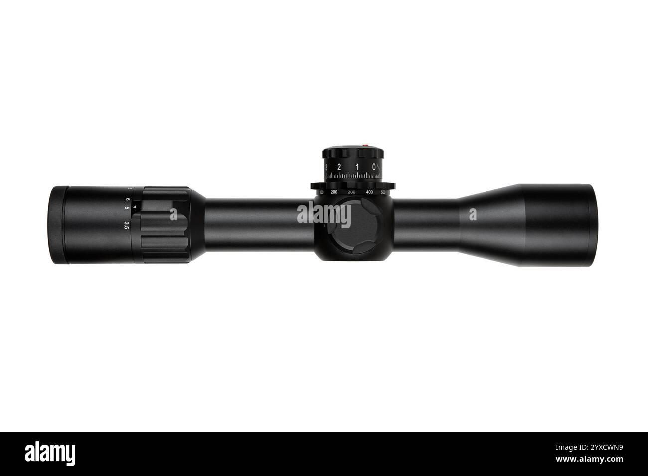 A black rifle scope with adjustment knobs, a sleek design, and clear ...