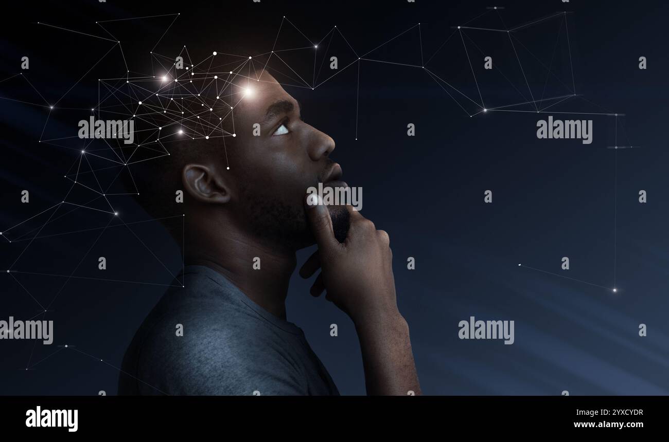 Thoughtful african man with illustration of brain activity process ...