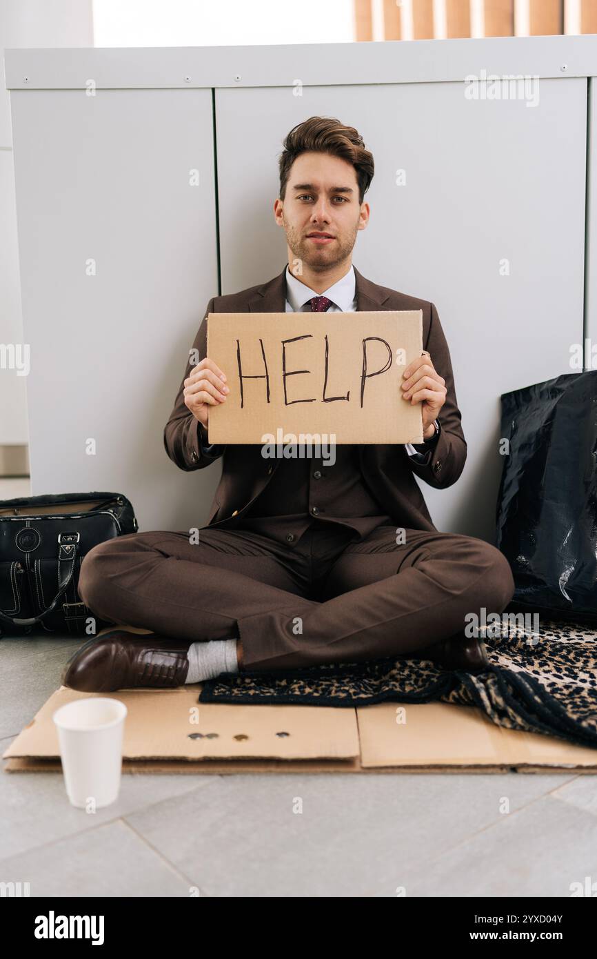 Vertical portrait of homeless millennial businessman wearing suit and ...