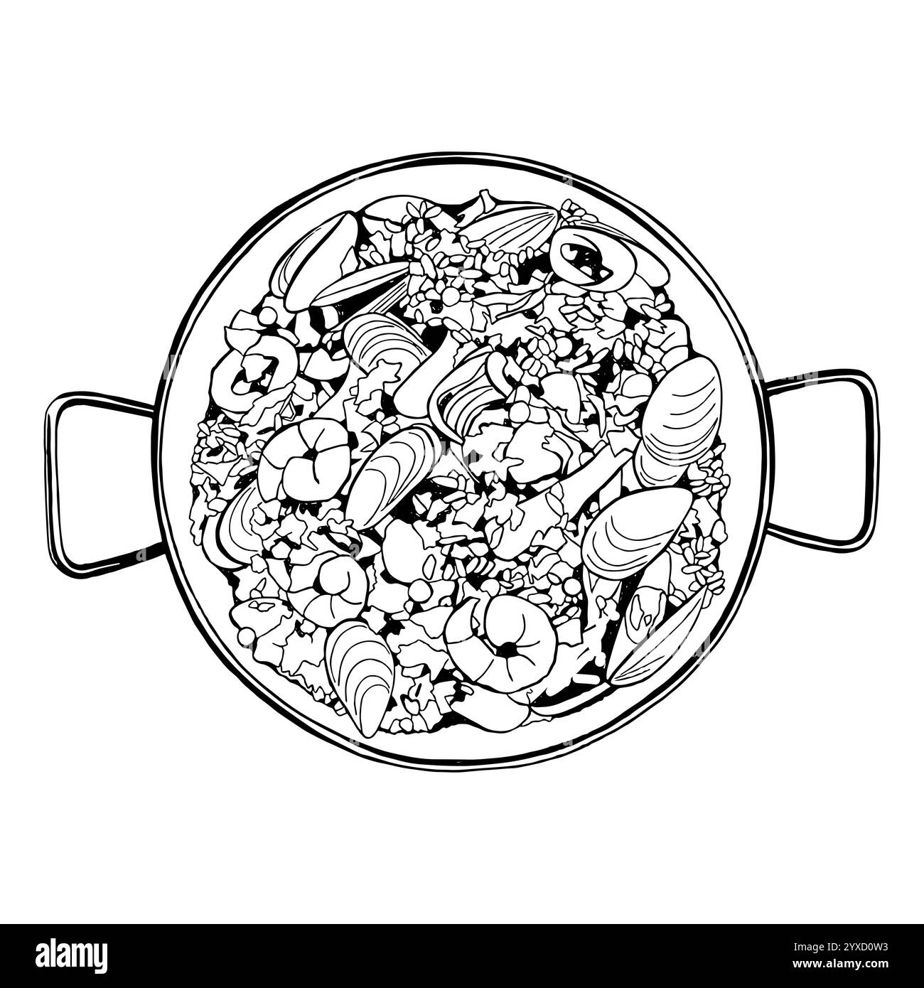 Hand drawn seafood dinner with shrimps, vegetables in bowl, vector ...