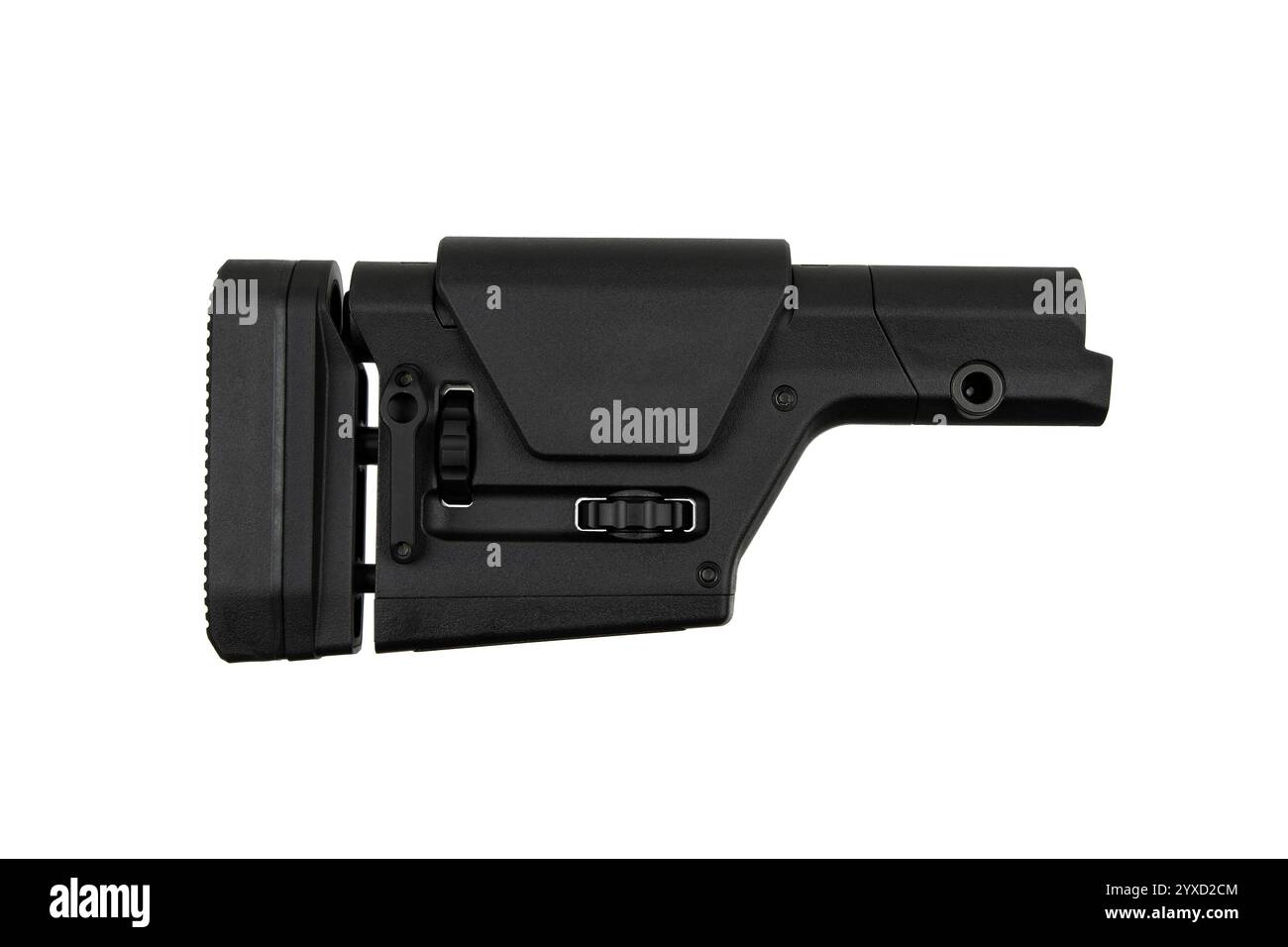 Black adjustable rifle stock with a textured buttpad, adjustment knobs ...