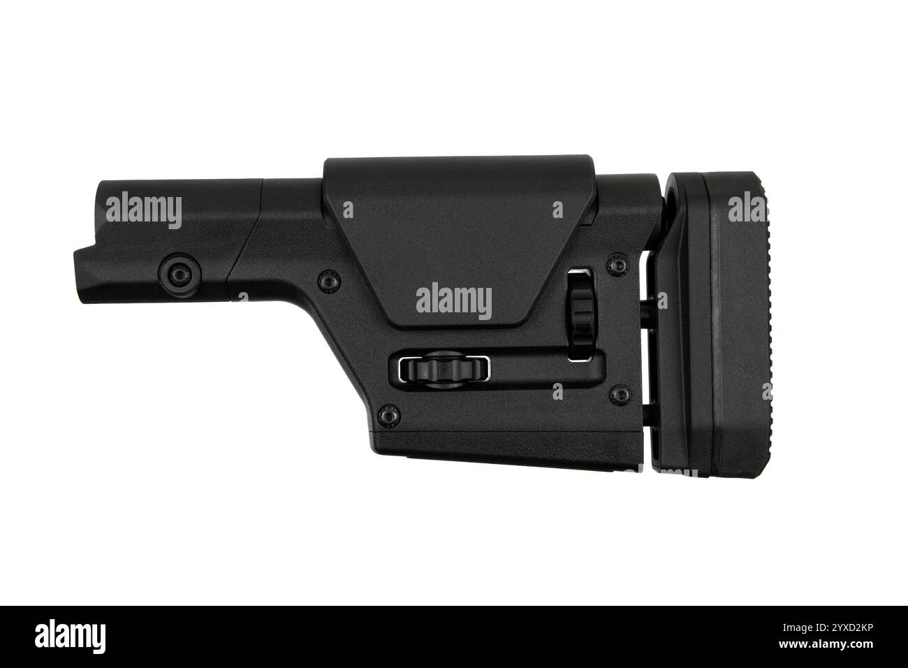 Black adjustable rifle stock with a textured buttpad, adjustment knobs ...