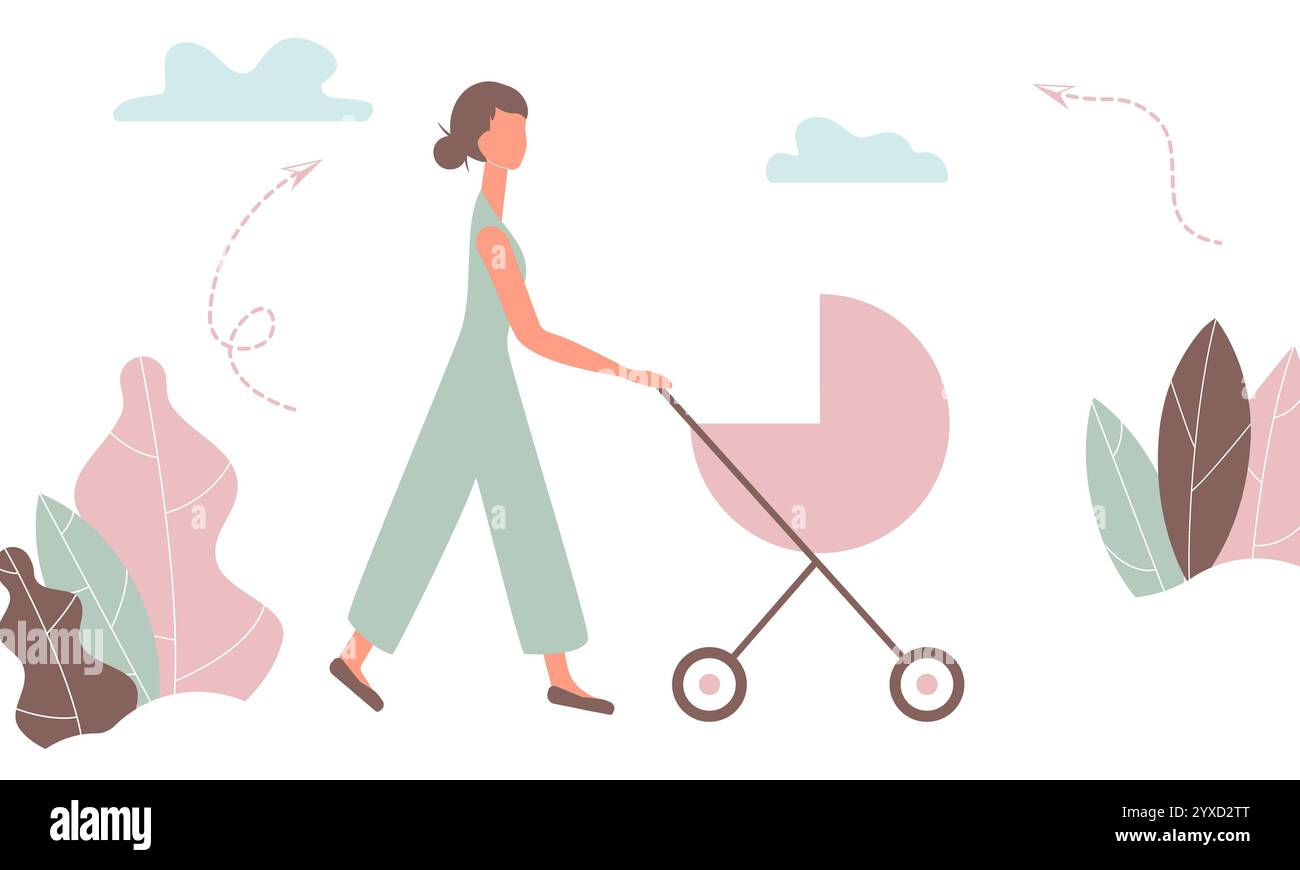 Happy mother on a walk with newborn in stroller. Woman pushing pram ...