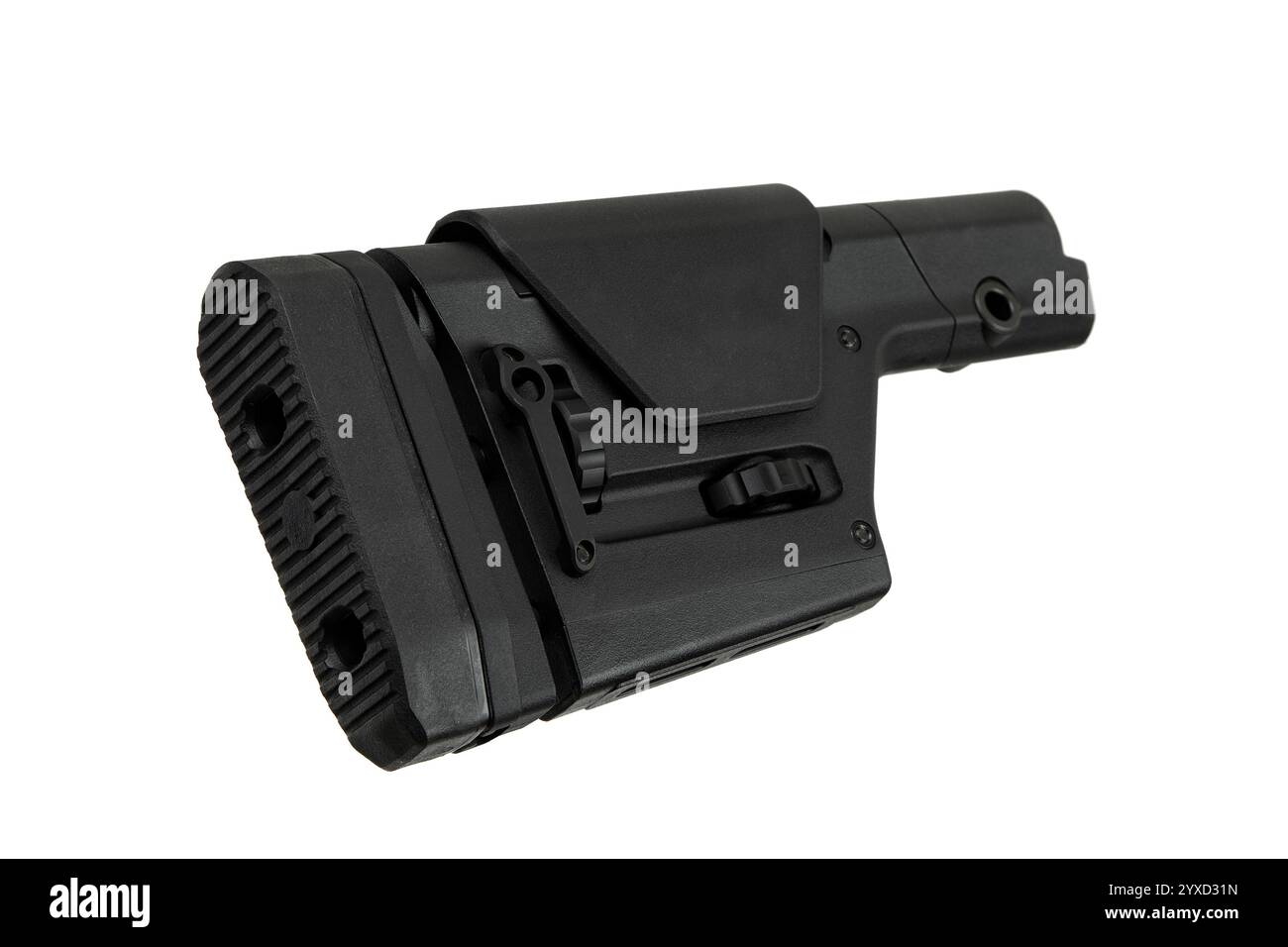 Black adjustable rifle stock with a textured buttpad, adjustment knobs ...