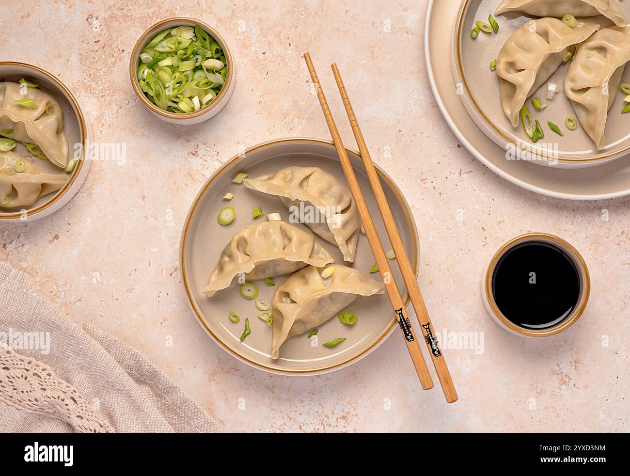 Food photography of vegetable gyoza dumplings, jiaozi, spring onion ...