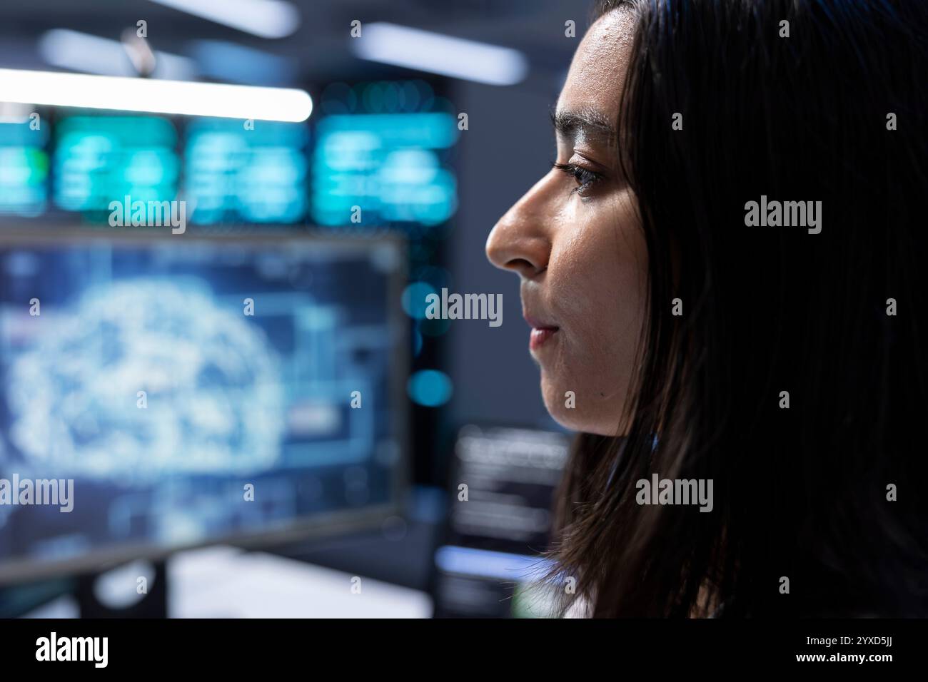 System administrator using AI tech to do checkup in server room providing storage, close up ...