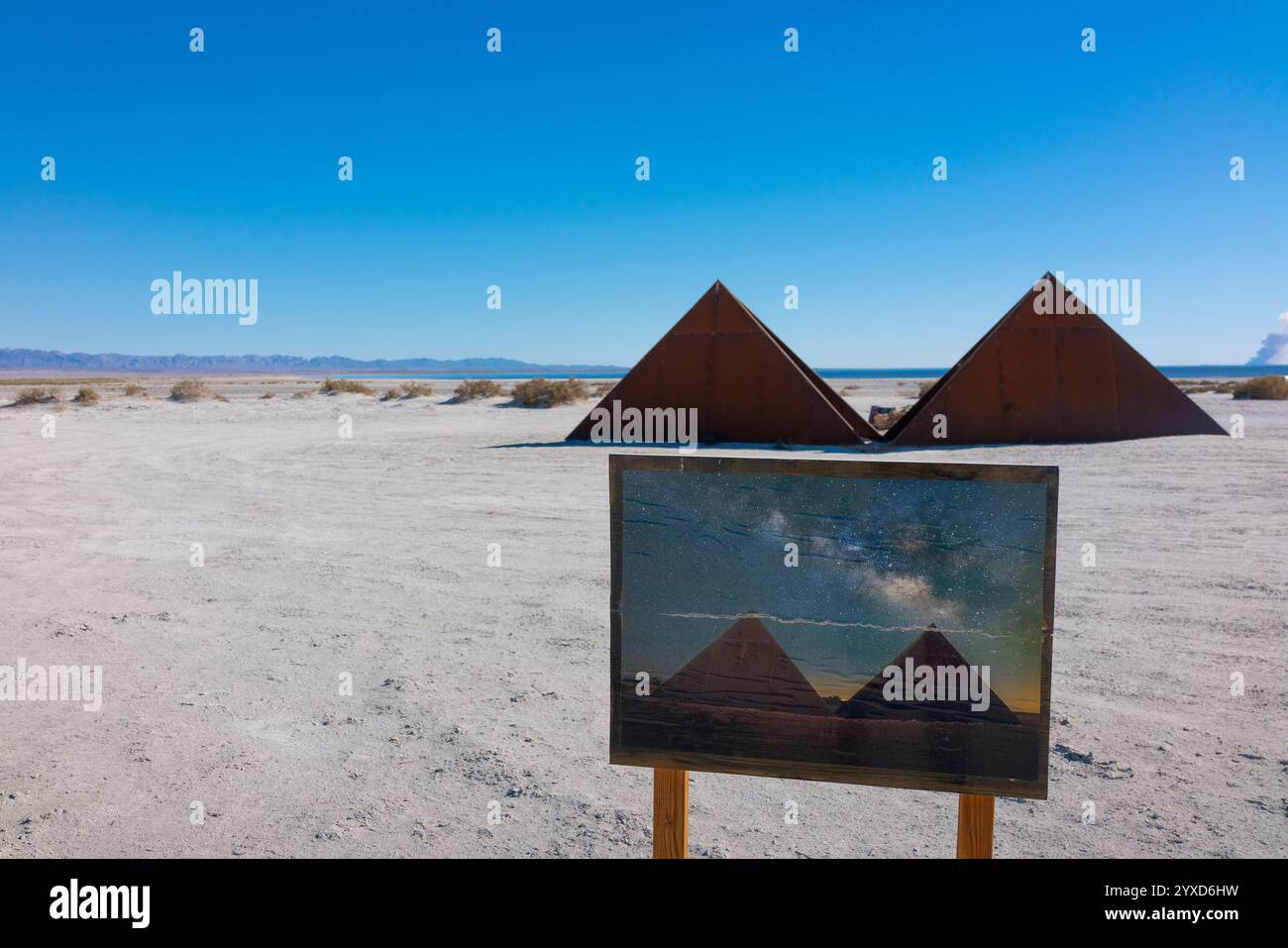Twin metal pyramids from the Bombay Beach Biennale Artwork. The Bombay ...