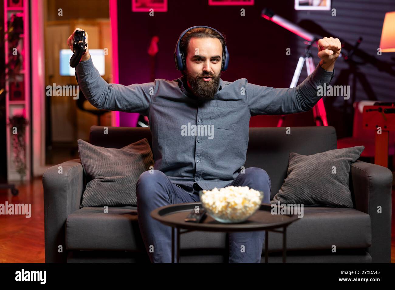 Cheerful gamer bragging after finally defeating all enemies while ...