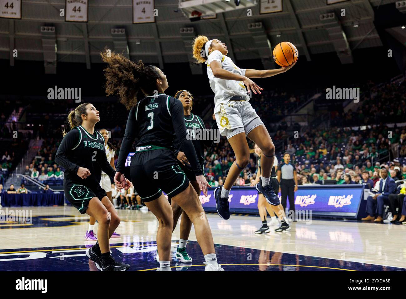 South Bend, Indiana, USA. 15th Dec, 2024. Notre Dame guard Hannah Hidalgo (3) goes up for a shot ...